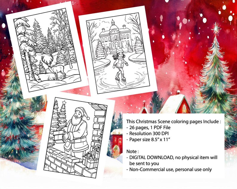 Christmas Scene Coloring Pages, Kids and Adult Coloring Book, Printable ...