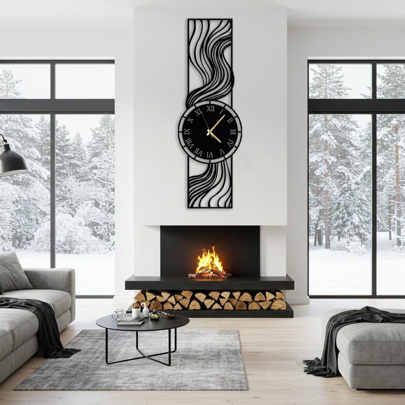 Wave Form Wall Clock, Vertical Metal Wall Clock, Office Entryway Decor ...