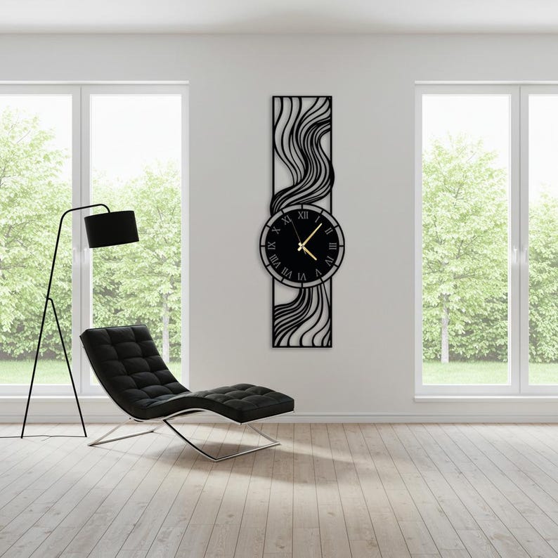 Wave Form Wall Clock, Vertical Metal Wall Clock, Office Entryway Decor ...