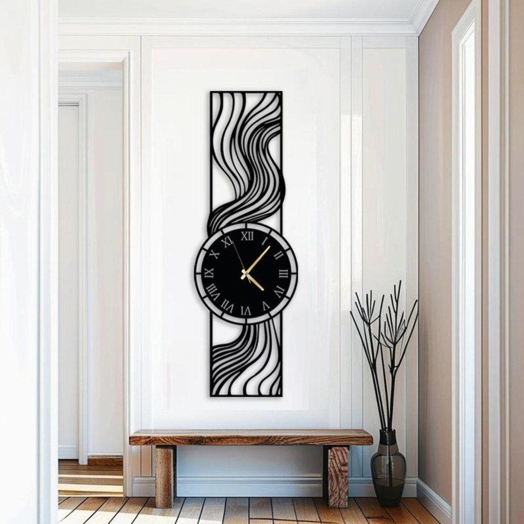 Wave Form Wall Clock, Vertical Metal Wall Clock, Office Entryway Decor ...