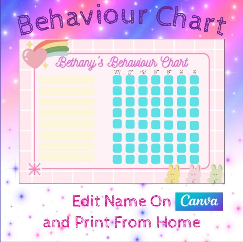 Pink Behaviour Chart - Instant Download - Edit Name - Etsy