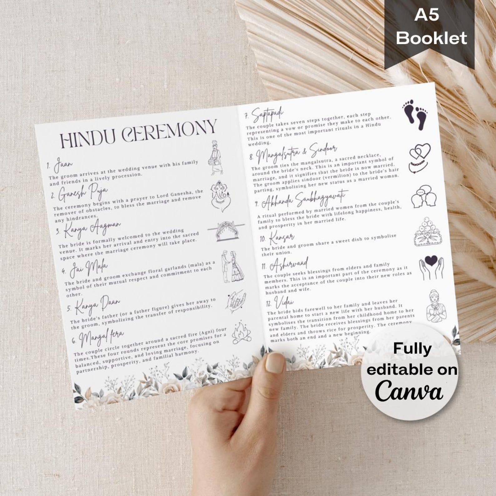 Hindu Wedding Program Template: Floral A5 Ceremony Booklet (printable ...