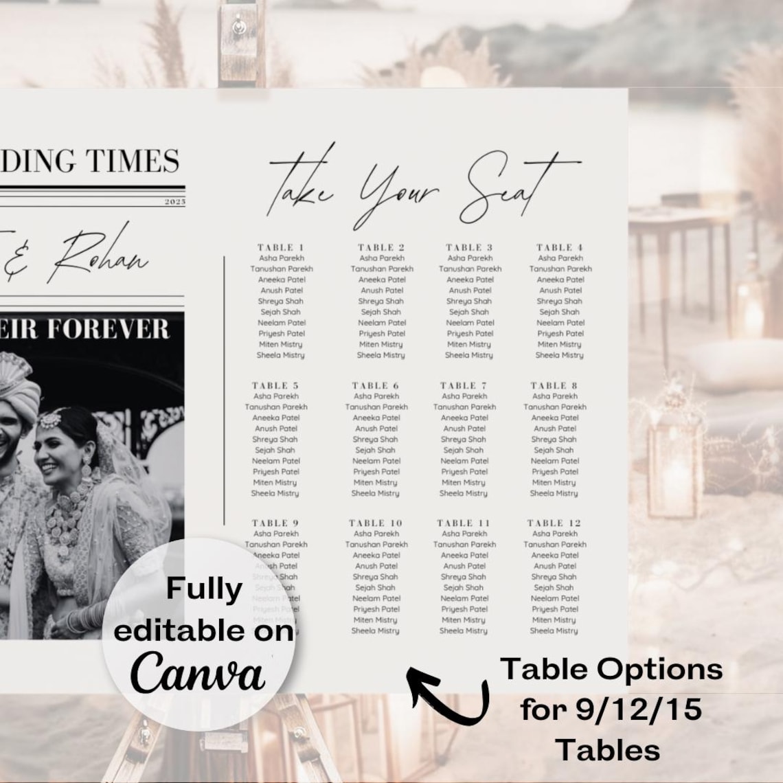 Newspaper Wedding Seating Chart With Photo: Editable Canva Template - Etsy