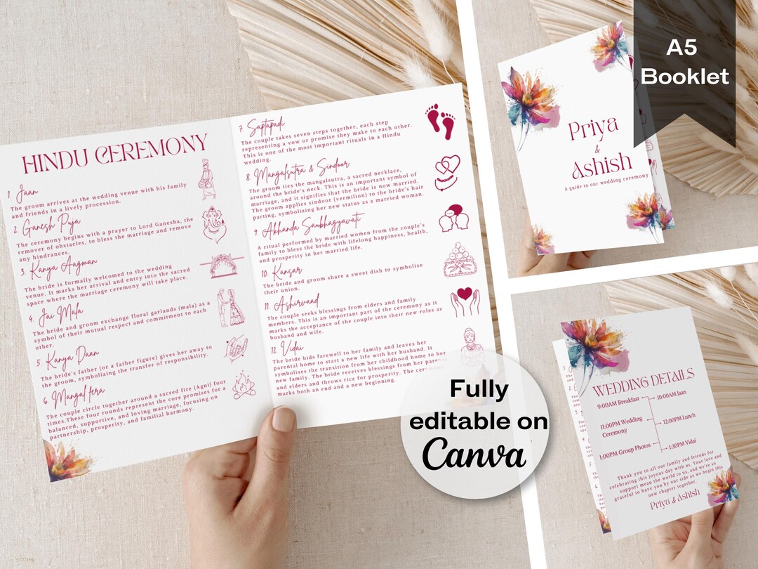 Indian Wedding Program, Hindu Floral Theme, Order of Service Ceremony ...