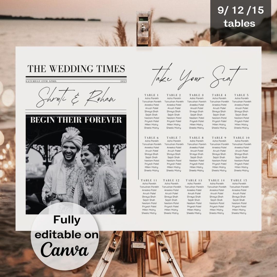 Newspaper Wedding Seating Chart With Photo: Editable Canva Template - Etsy