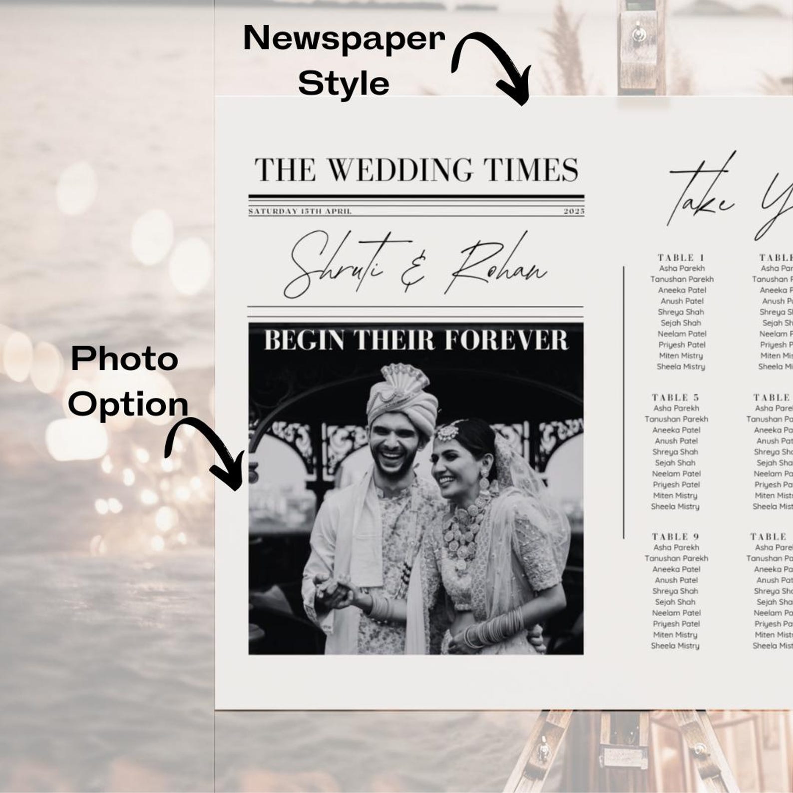 Seating Chart Newspaper Theme Sign With Photo, Indian Wedding, Wedding ...