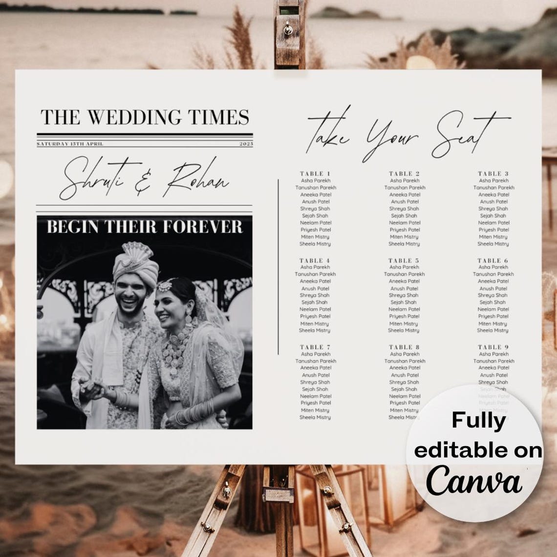 Newspaper Wedding Seating Chart With Photo: Editable Canva Template - Etsy