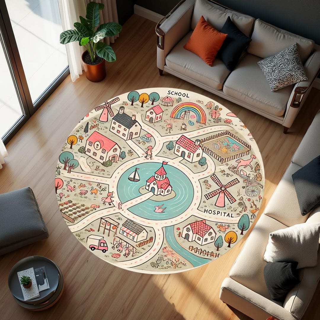 Game City Circle Rug,important Places Rug,kids Map Rug,kids Play Mats ...