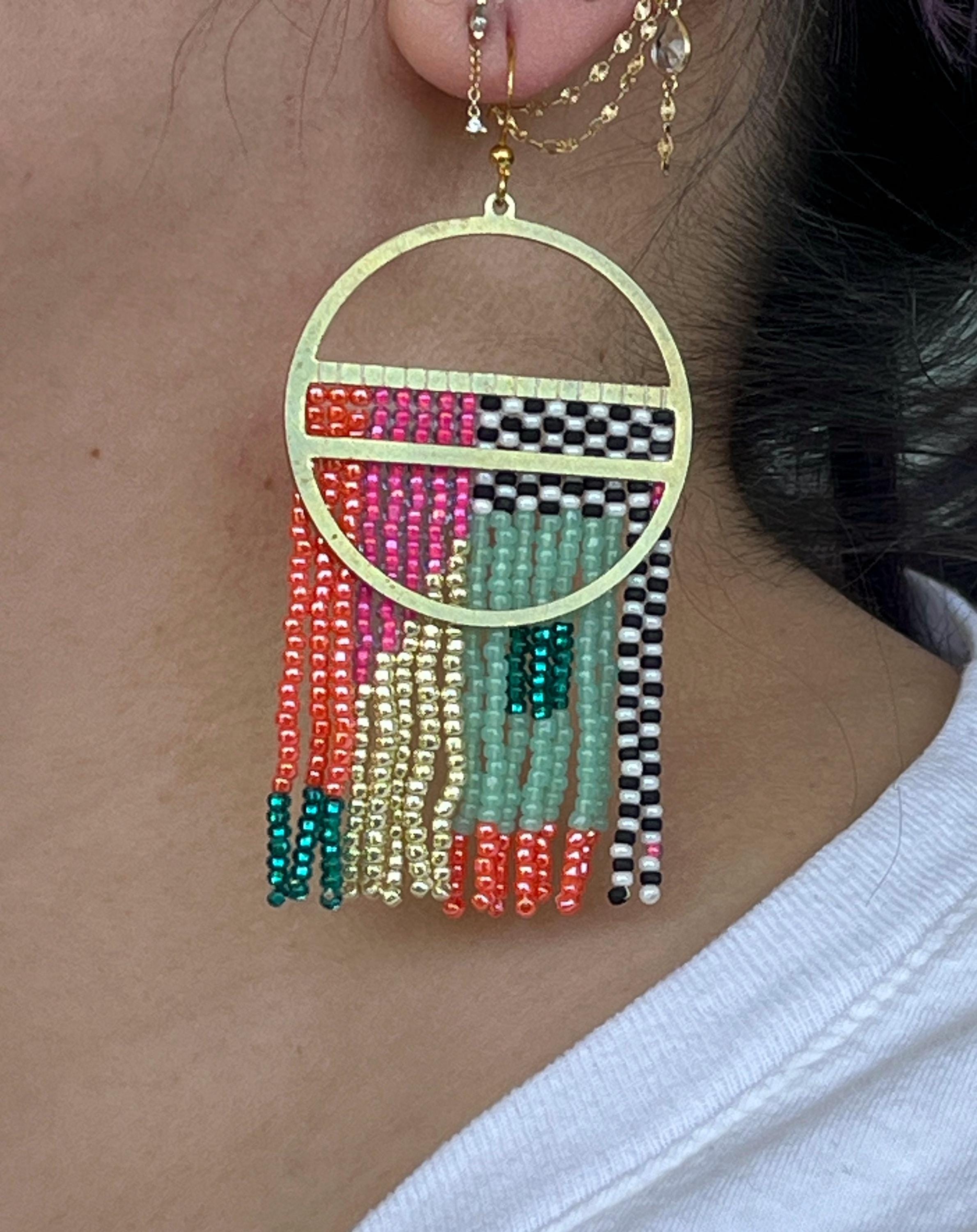 Freya Color Blocked Gold Multi Circle Fringe Earrings Beaded Handmade ...