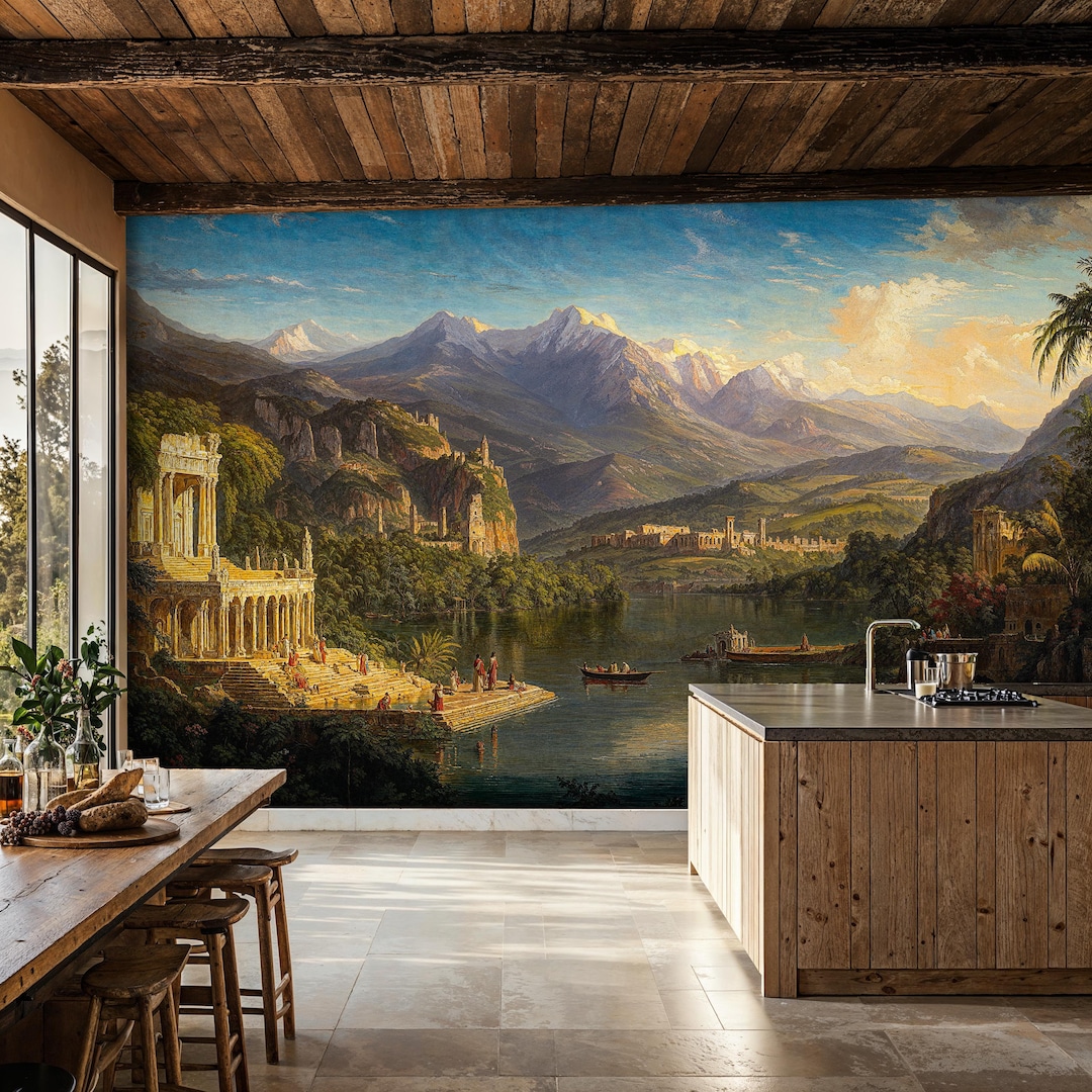 Mountain Lake Landscape Mural: Historic Architecture Peel and Stick ...