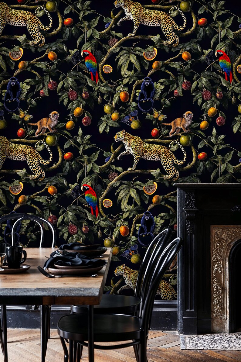Dark Jungle Wallpaper Mural: Exotic Leopard, Parrot & Monkey Peel and ...