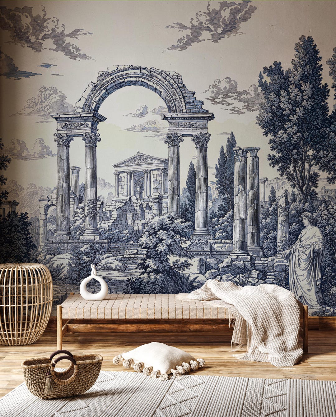 Monochrome Roman Ruins Wallpaper Mural: Blue Toile Peel and Stick - Etsy