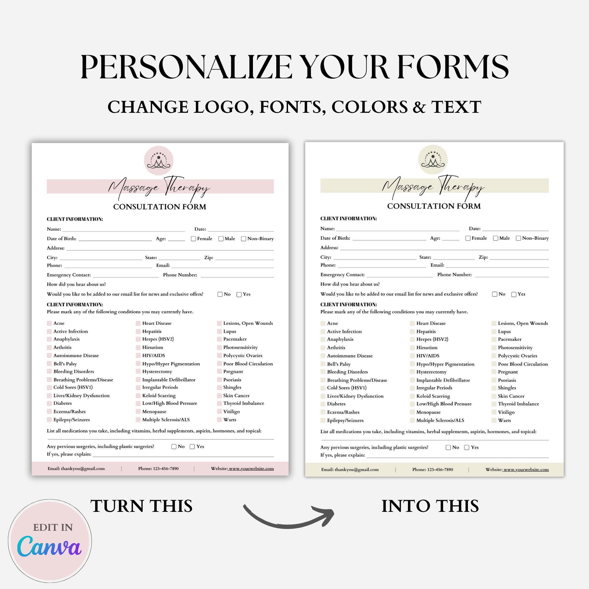 Massage Therapy Form, Massage Intake Form, Massage Aftercare, Massage ...