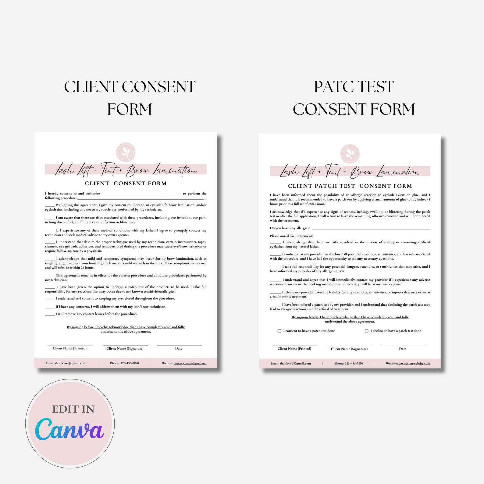 Brow Lamination Form, Lash Lift and Tint Forms, Esthetician Waivers ...