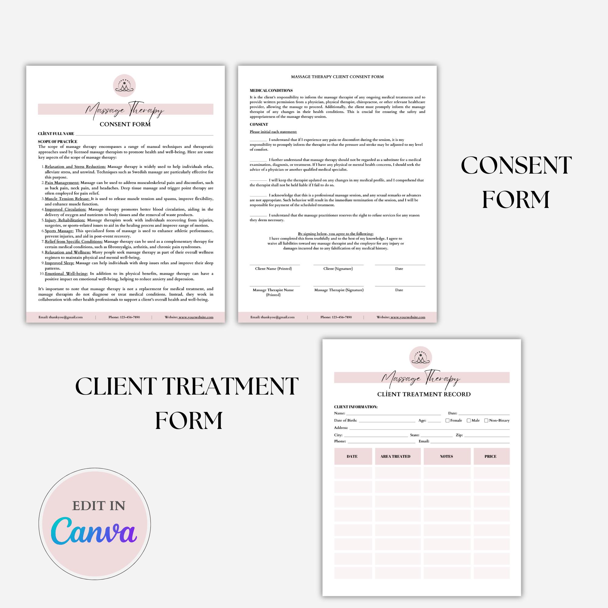 Massage Therapy Form, Massage Intake Form, Massage Aftercare, Massage ...