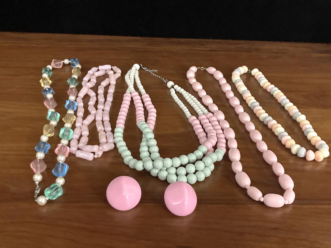 Set of Five Beaded Retro Pastel Necklaces and One Pair of Pink Plastic ...
