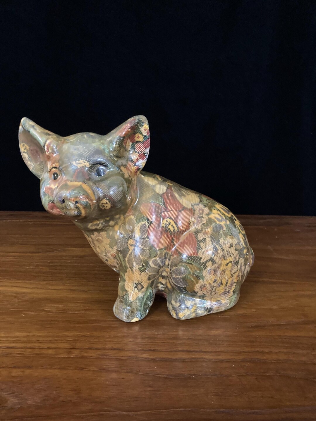 Green and Cream Floral Decoupage Pig Vintage Figurine Smiling Piglet - Etsy