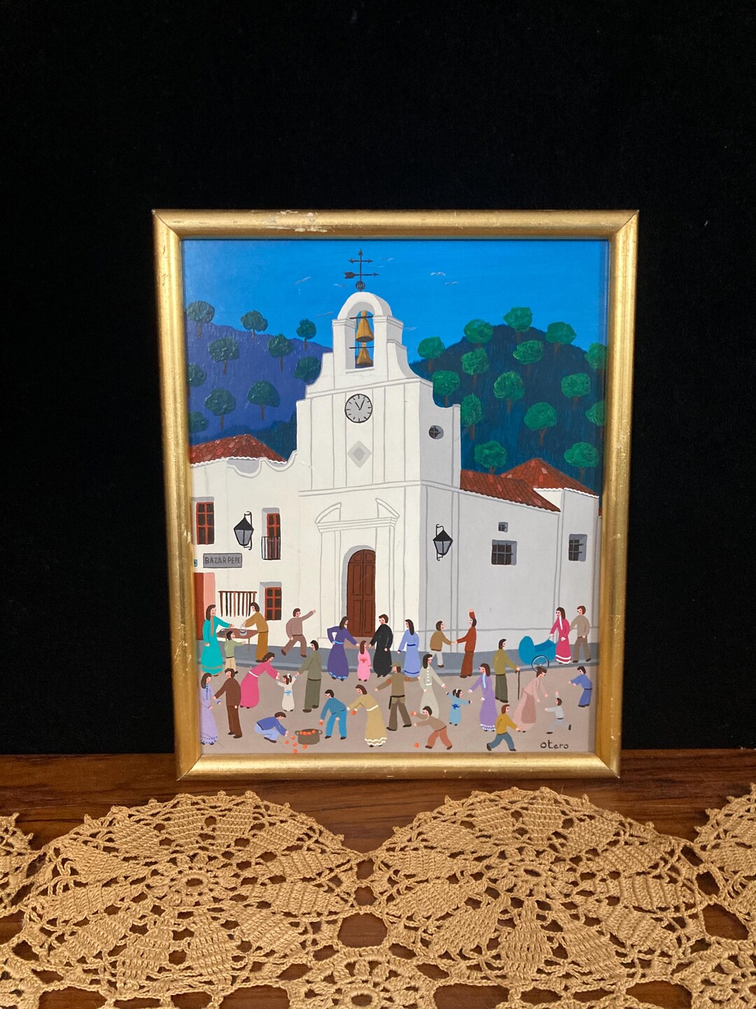 Framed Folk Art Painting With Church Catholic Vibrant Colors Vintage ...