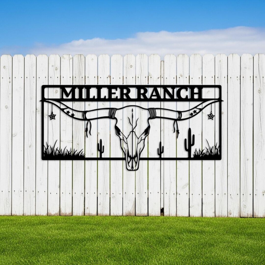 Longhorn Ranch Sign, Custom Western Metal Sign, Rustic Outdoor Fence ...