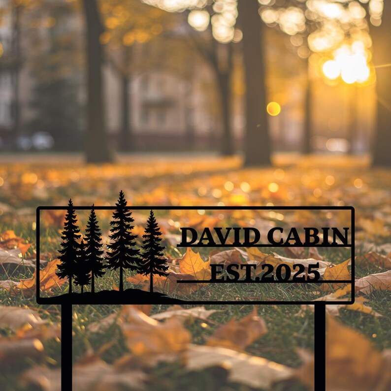 Rustic Cabin Yard Sign, Custom Metal Forest Decor, Personalized Name ...