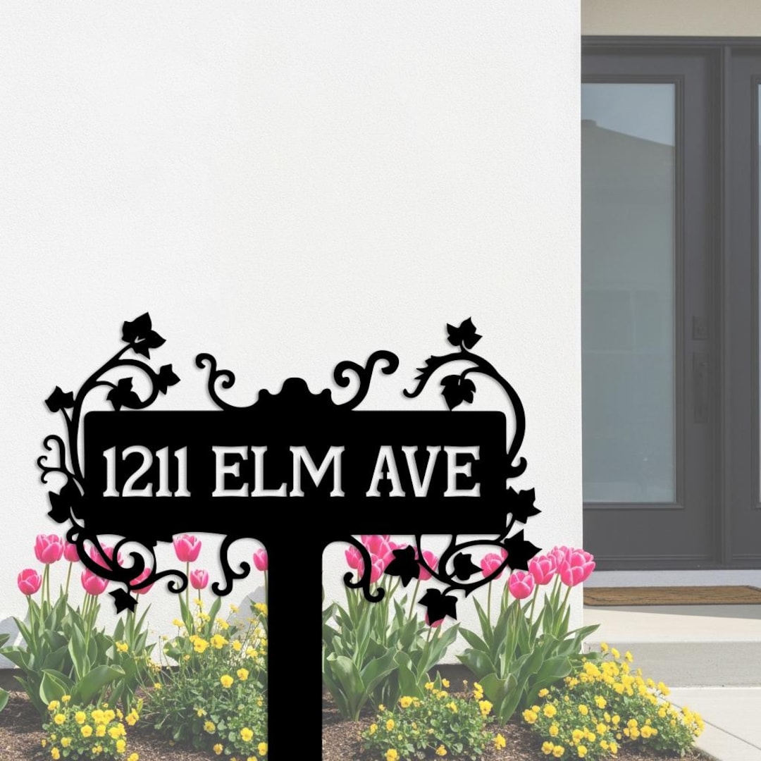 Custom Metal Yard Sign, Personalized Address Sign, Floral House Number ...