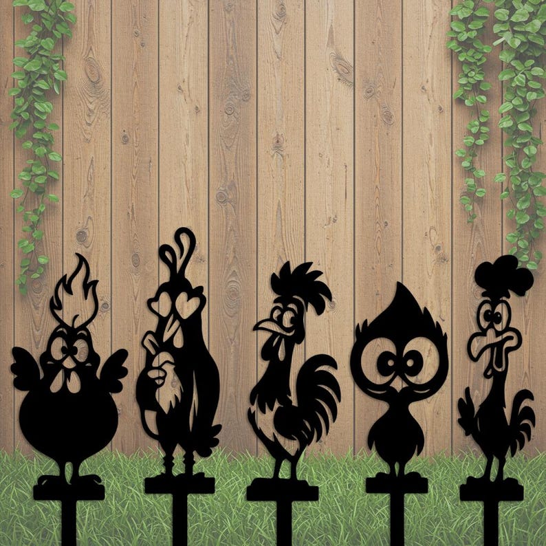 Funny Chicken Garden Stakes, Cute Metal Yard Art Set, Outdoor Farmhouse ...