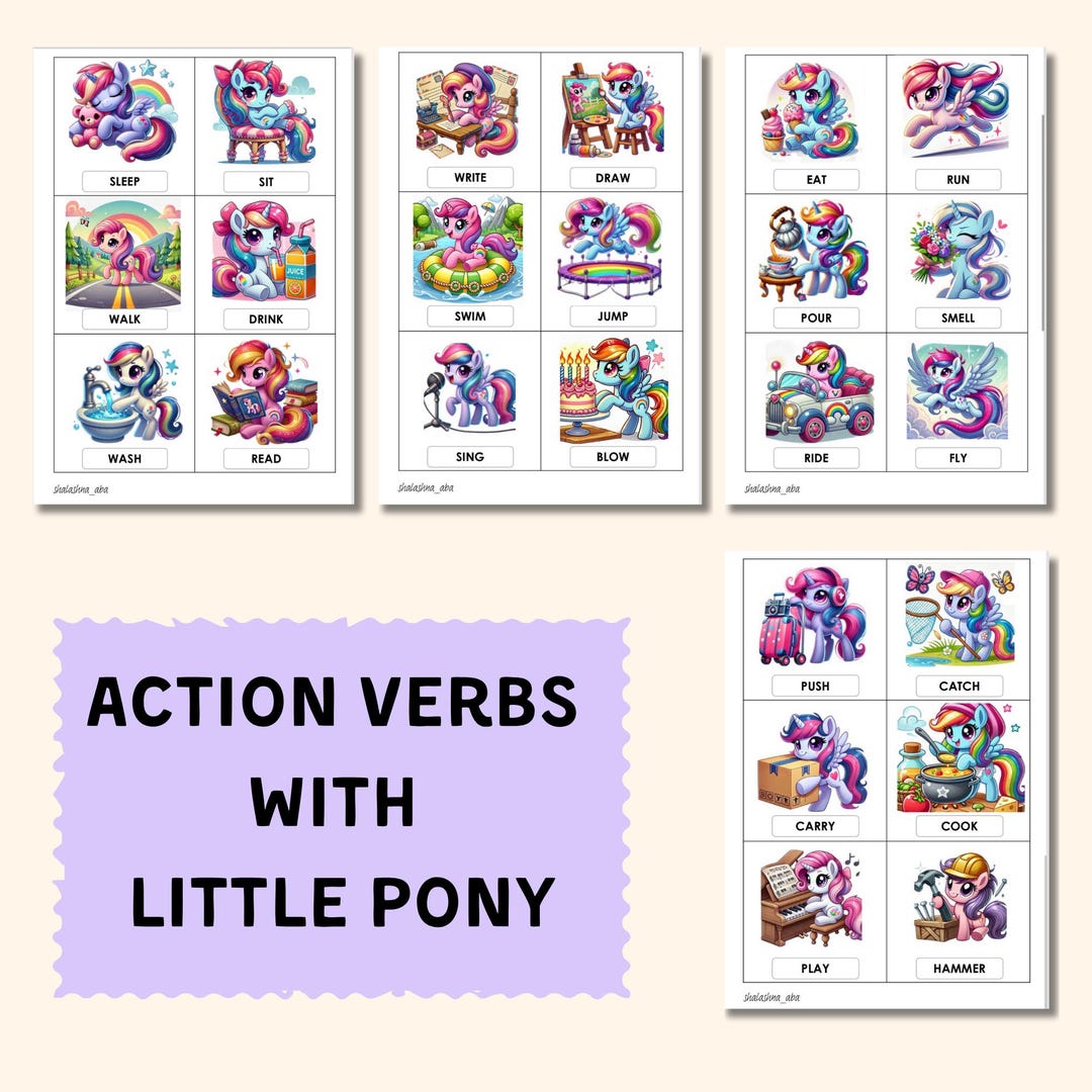Little Pony Verb Flashcards – 24 Printable Action Cards for Speech ...