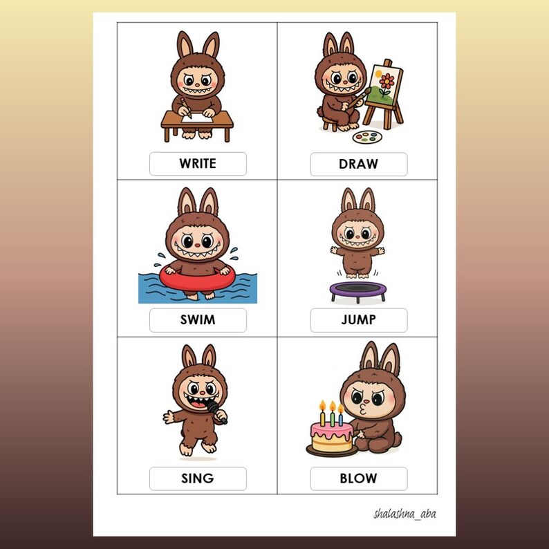 Educational Verb Flashcards With Cute Labubu – PDF for Print | Speech ...
