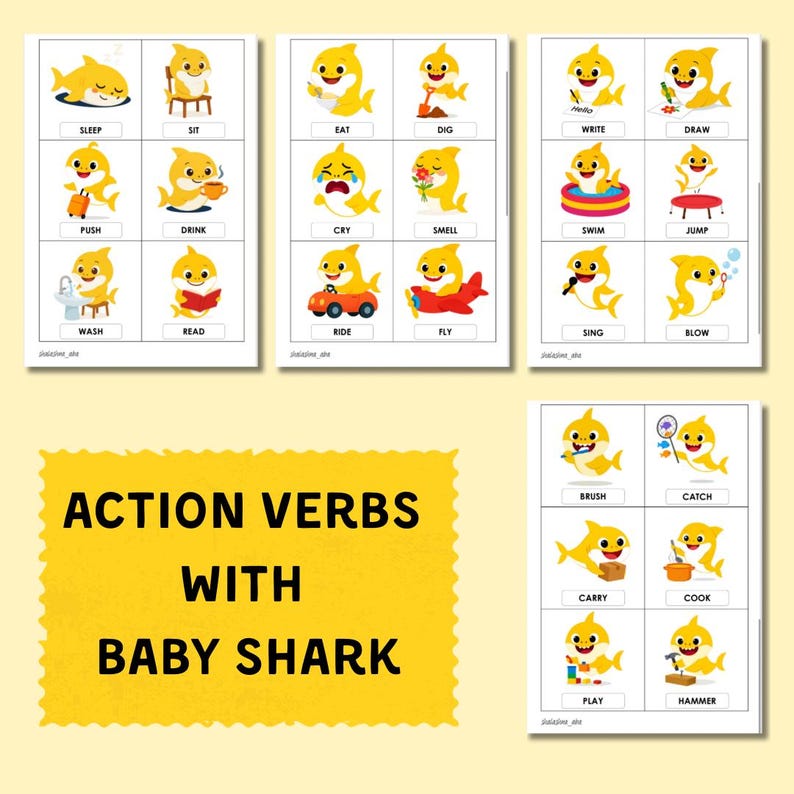 Baby Shark Action Verb Flashcards: Speech Therapy, ABA, ESL (PDF ...