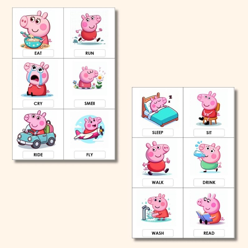 Peppa Pig Action Verbs Flashcards: Speech Therapy ESL ABA (PDF Download ...