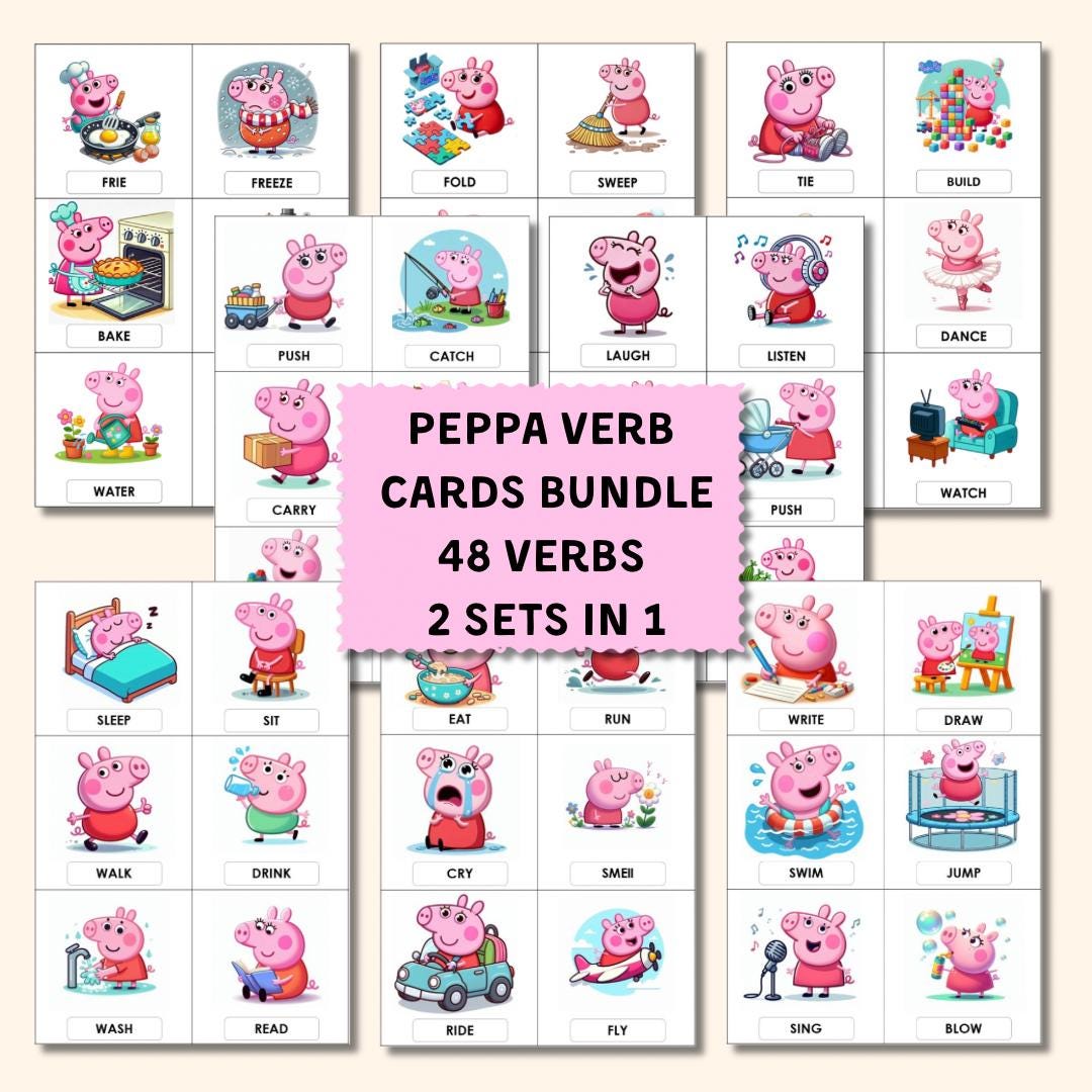 Peppa Pig Verbs Flashcards - 48 Action Verbs Bundle for Speech Therapy ...