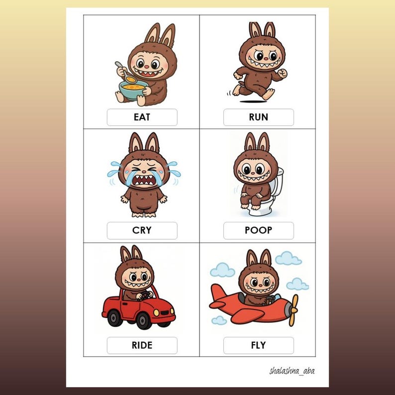 Educational Verb Flashcards With Cute Labubu – PDF for Print | Speech ...