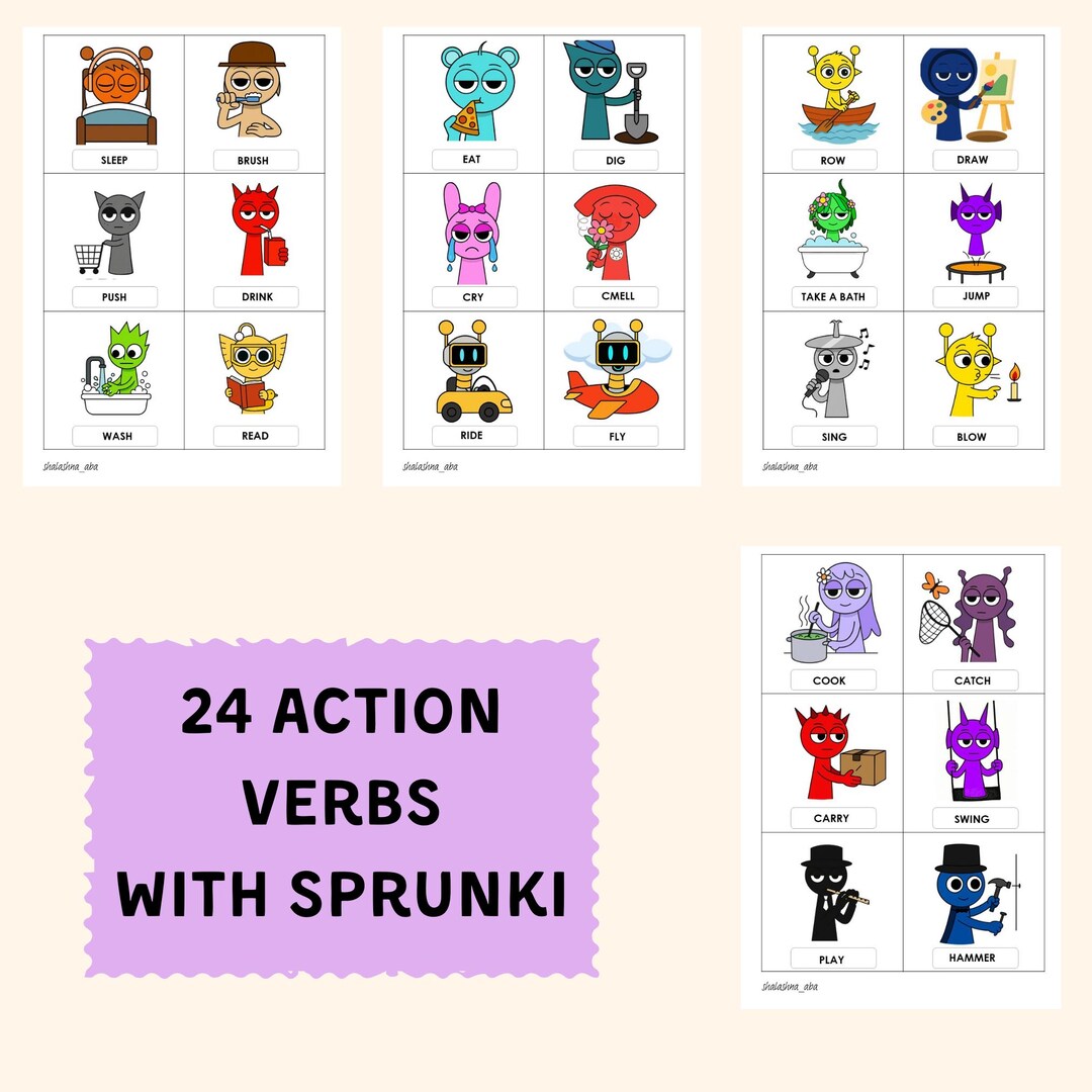 Sprunki Verb Flashcards – 24 Printable Action Cards for Speech Therapy ...