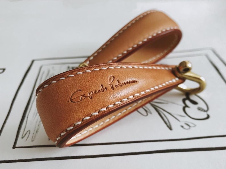 Handmade Brown Leather Keychain With Gold Hook & White Stitching ...