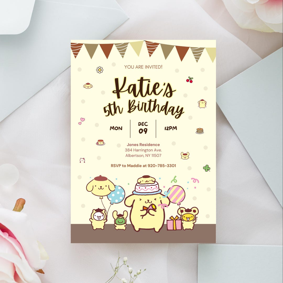 Pudding Pompom Children's Birthday Invitation Template - Kitty and ...