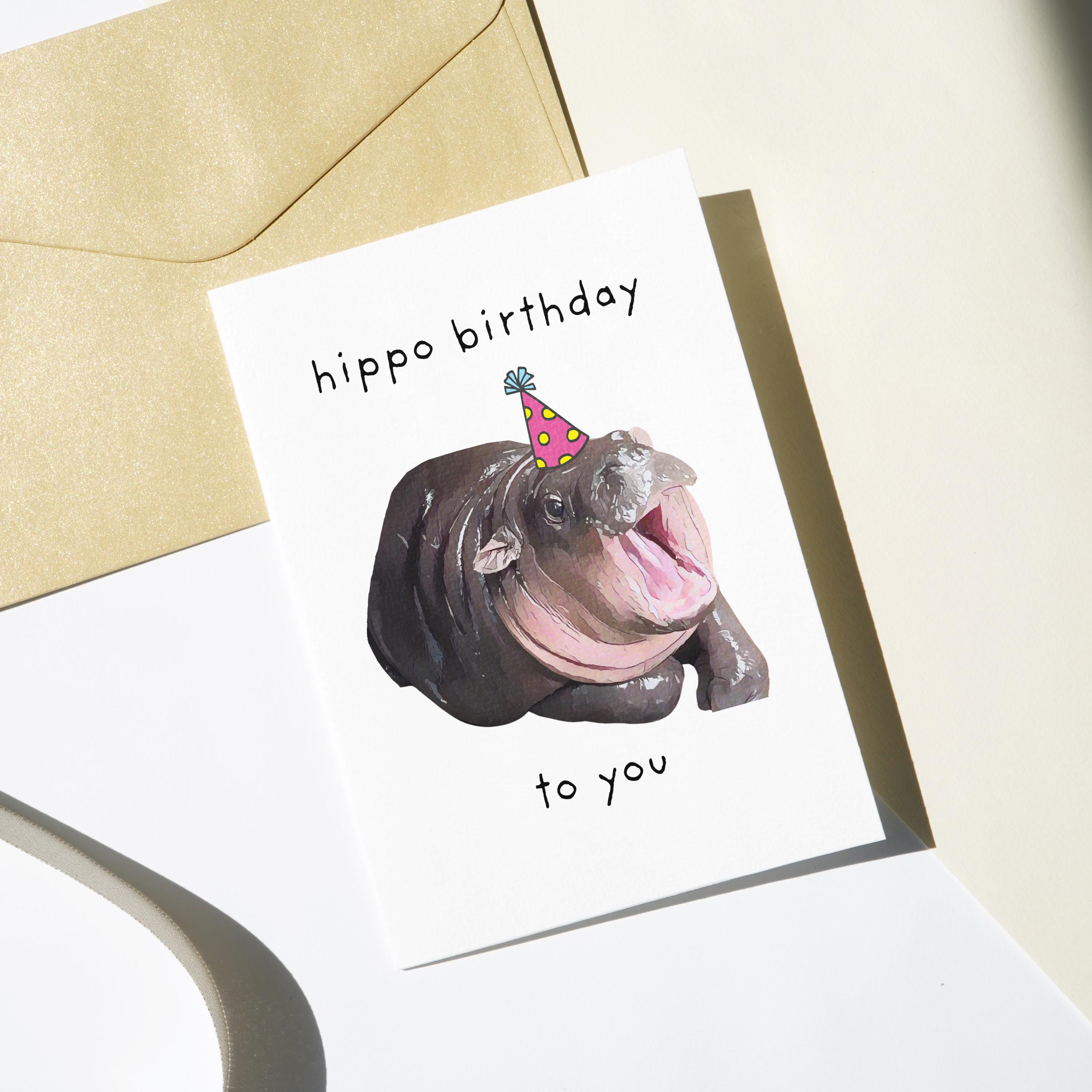 Hippo Birthday to You Greeting Card Moo Deng Pygmy Baby Hippo Cute ...