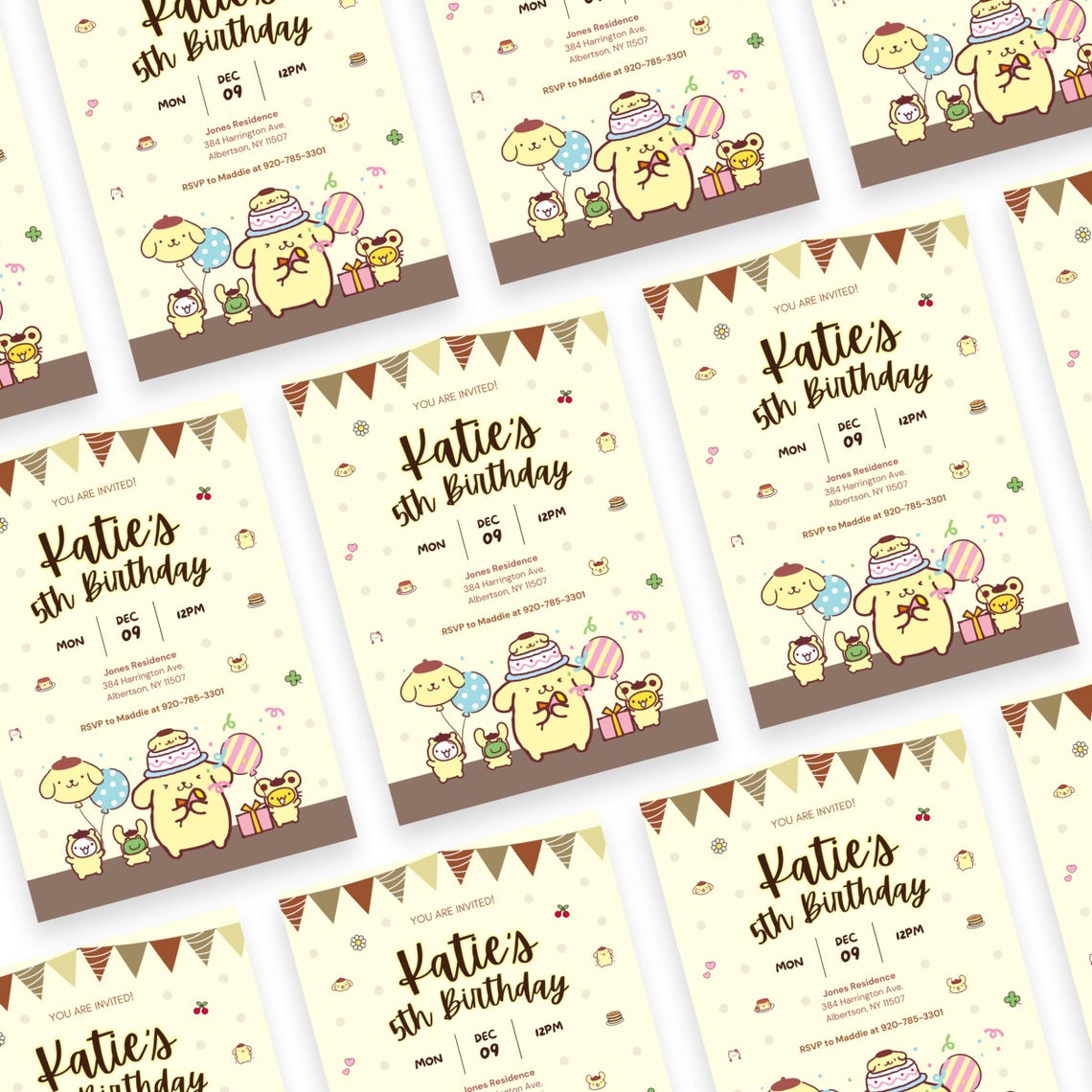 Pudding Pompom Children's Birthday Invitation Template - Kitty and ...
