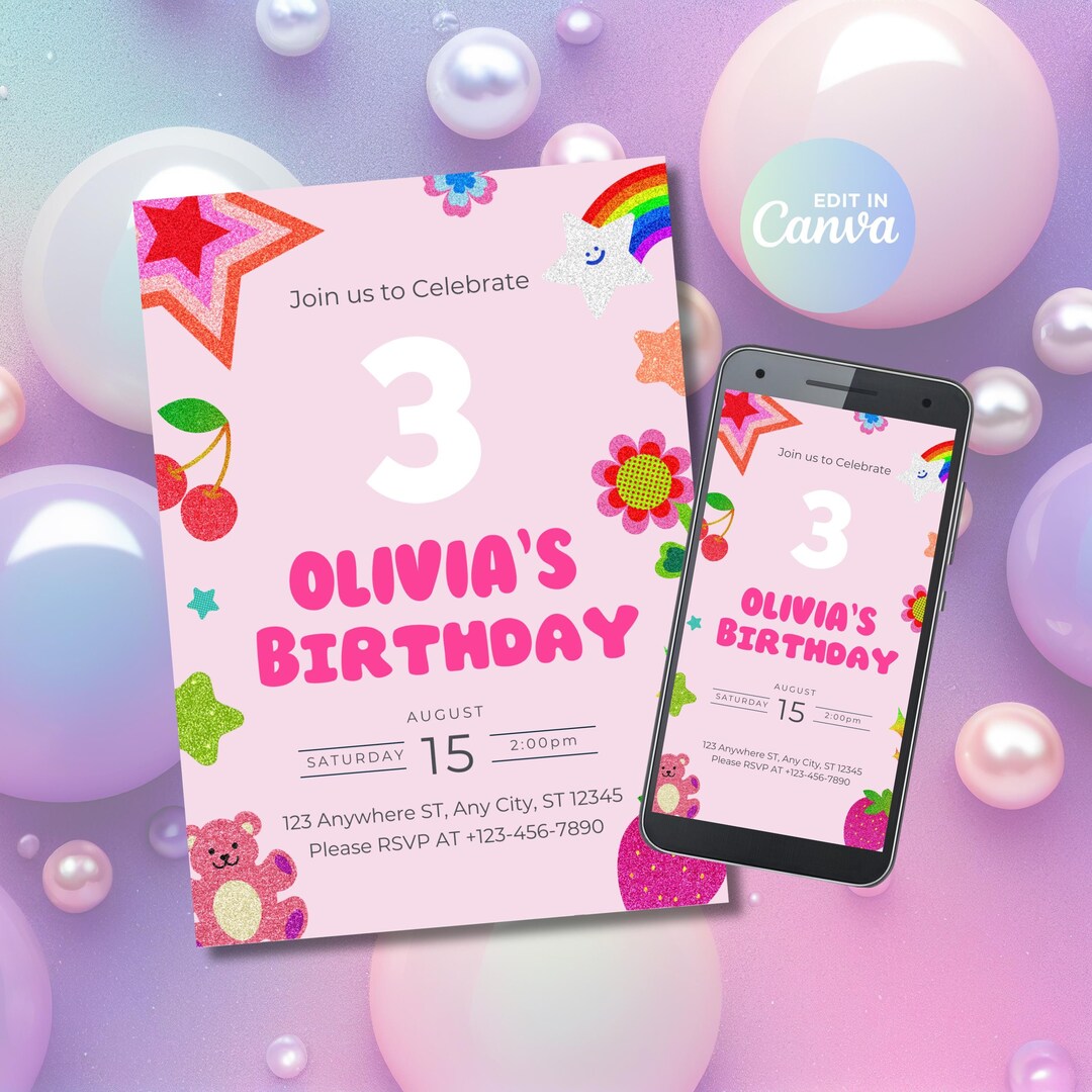 Glitter Pink Pop Motiv Editable Digital Birthday Party Invite,kids ...