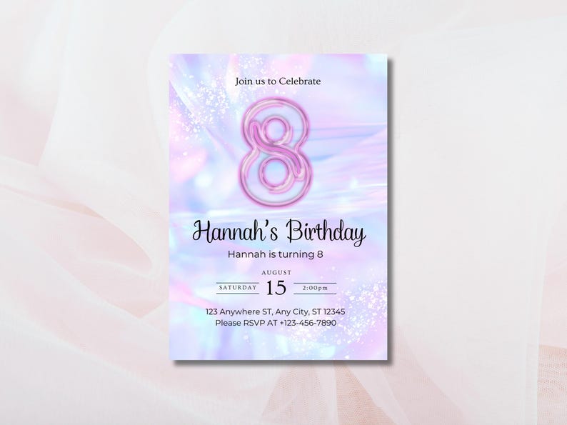Editable 8th Birthday Dreamy Pastel Color Digital Party Invite, Kids ...