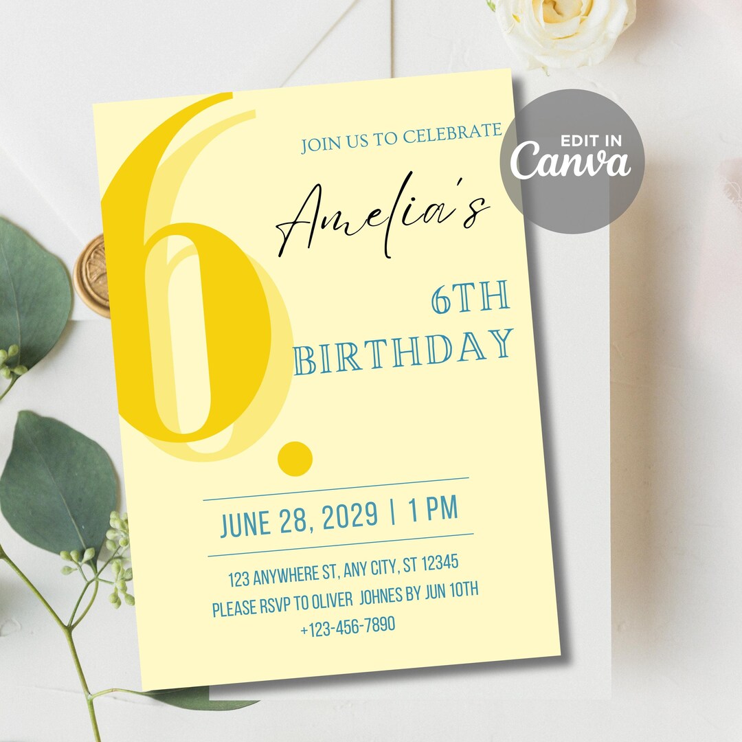 Editable Pastel Yellow Big Number Birthday Invitation for Kids, Minimal ...