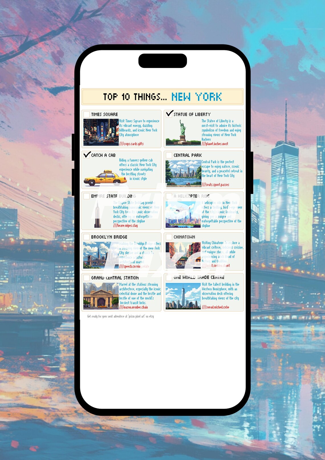 Printable Top 10 Things New York Checklist Pixel Art Digital Download ...