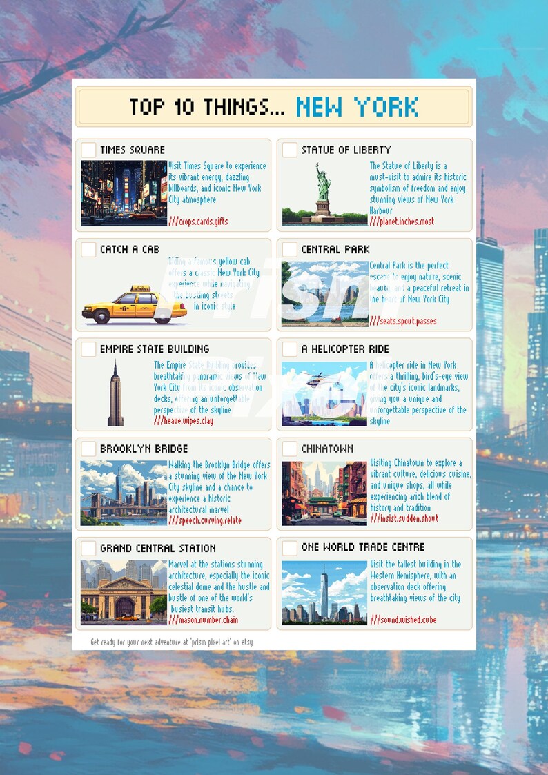 Printable Top 10 Things New York Checklist Pixel Art Digital Download ...
