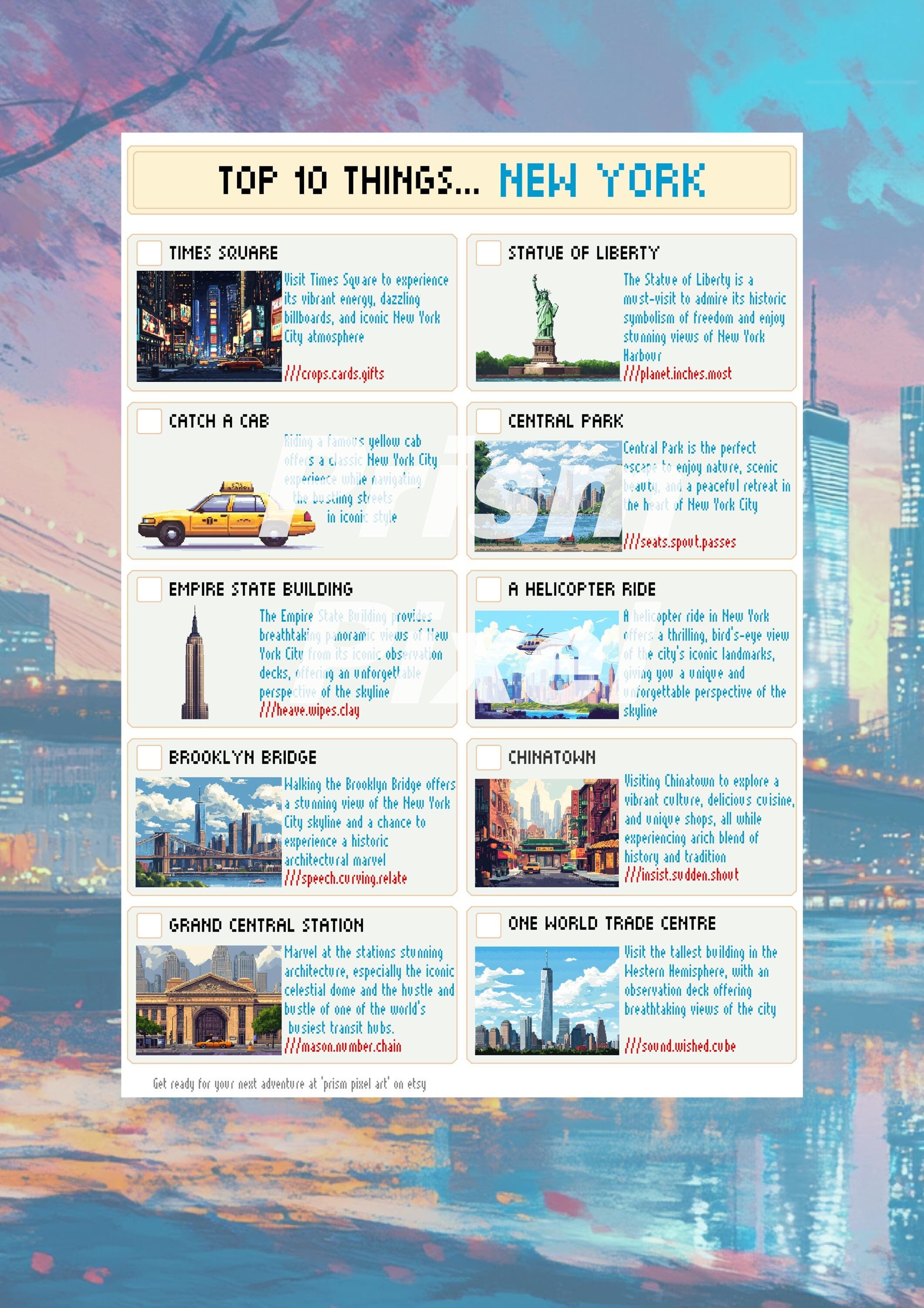Printable Top 10 Things New York Checklist Pixel Art Digital Download ...