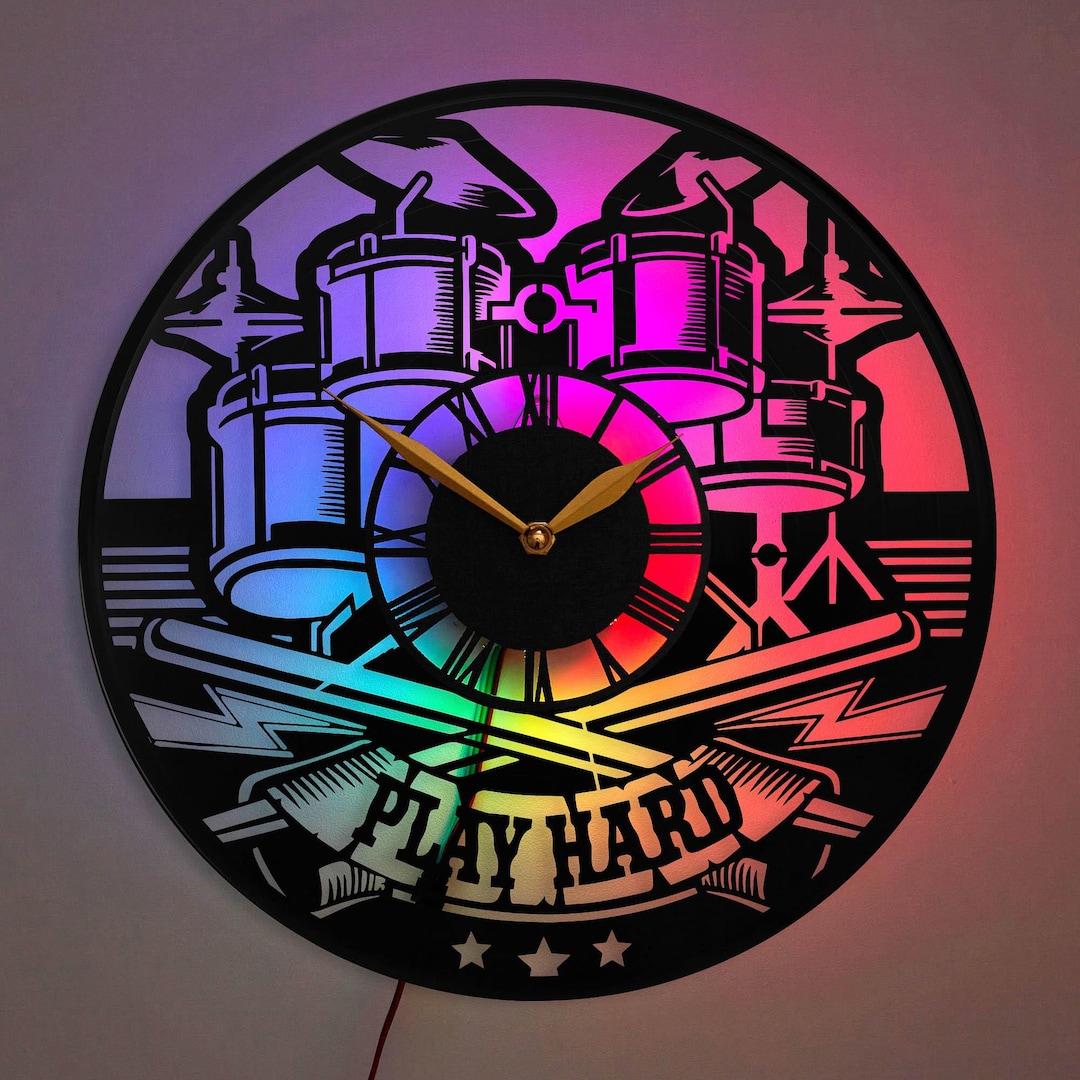 Drum Wall Clock, Drummer Wall Clock, Music Lover Clock, Play Hard Drum ...