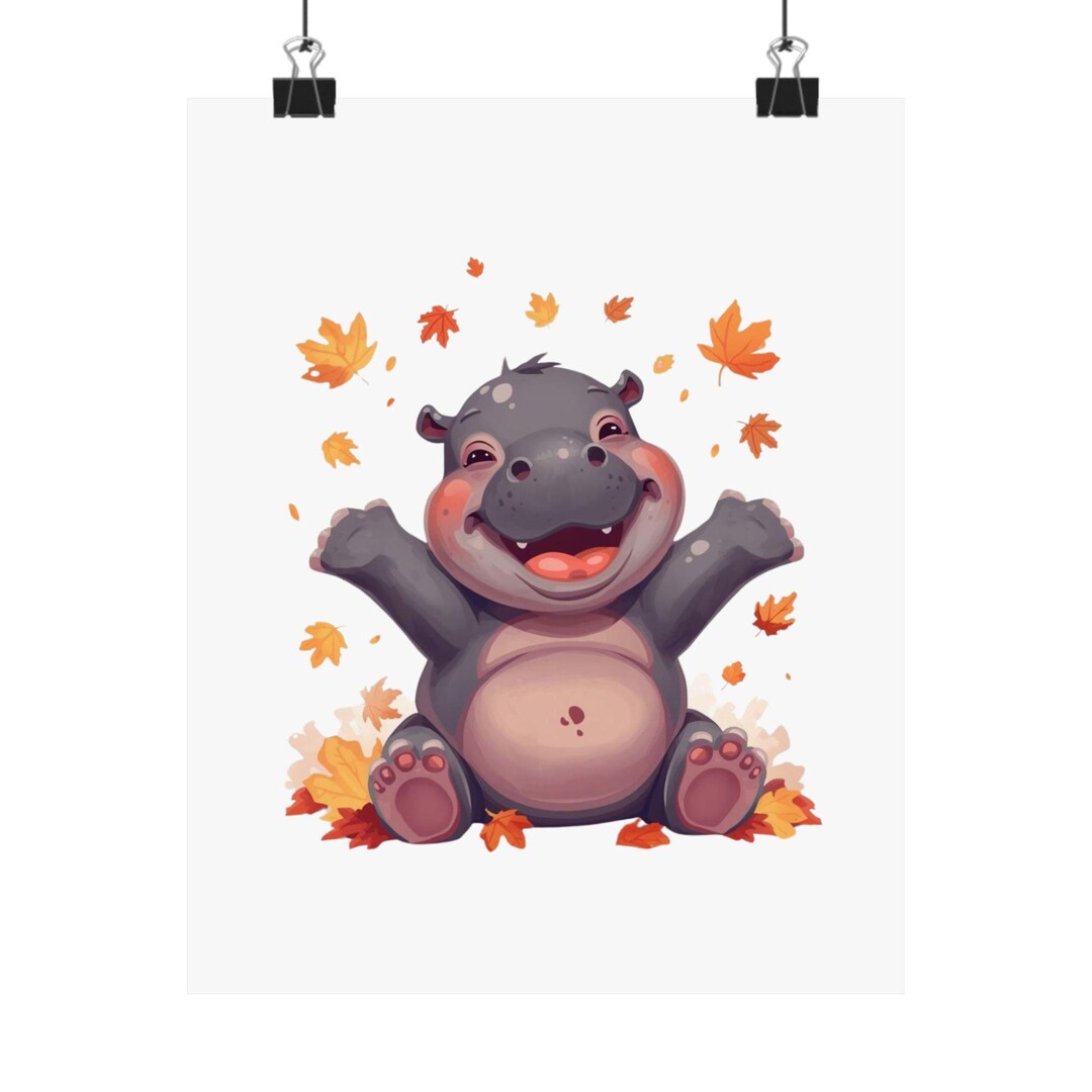 Happy Hippo With Falling Leaves Matte Vertical Poster | Cute Autumn ...