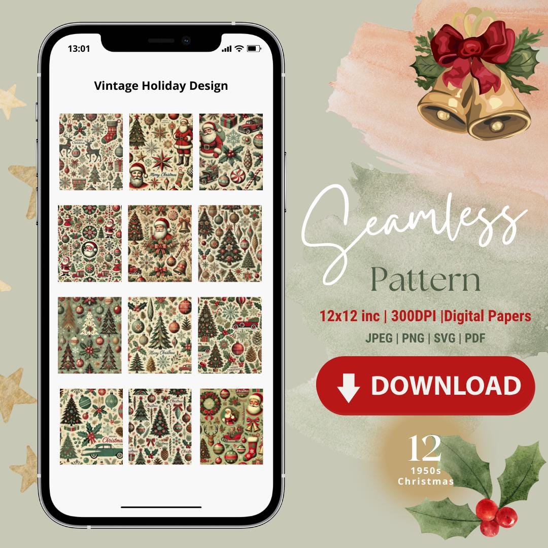 Vintage Christmas Seamless Digital Paper Pack Retro Holiday Patterns ...