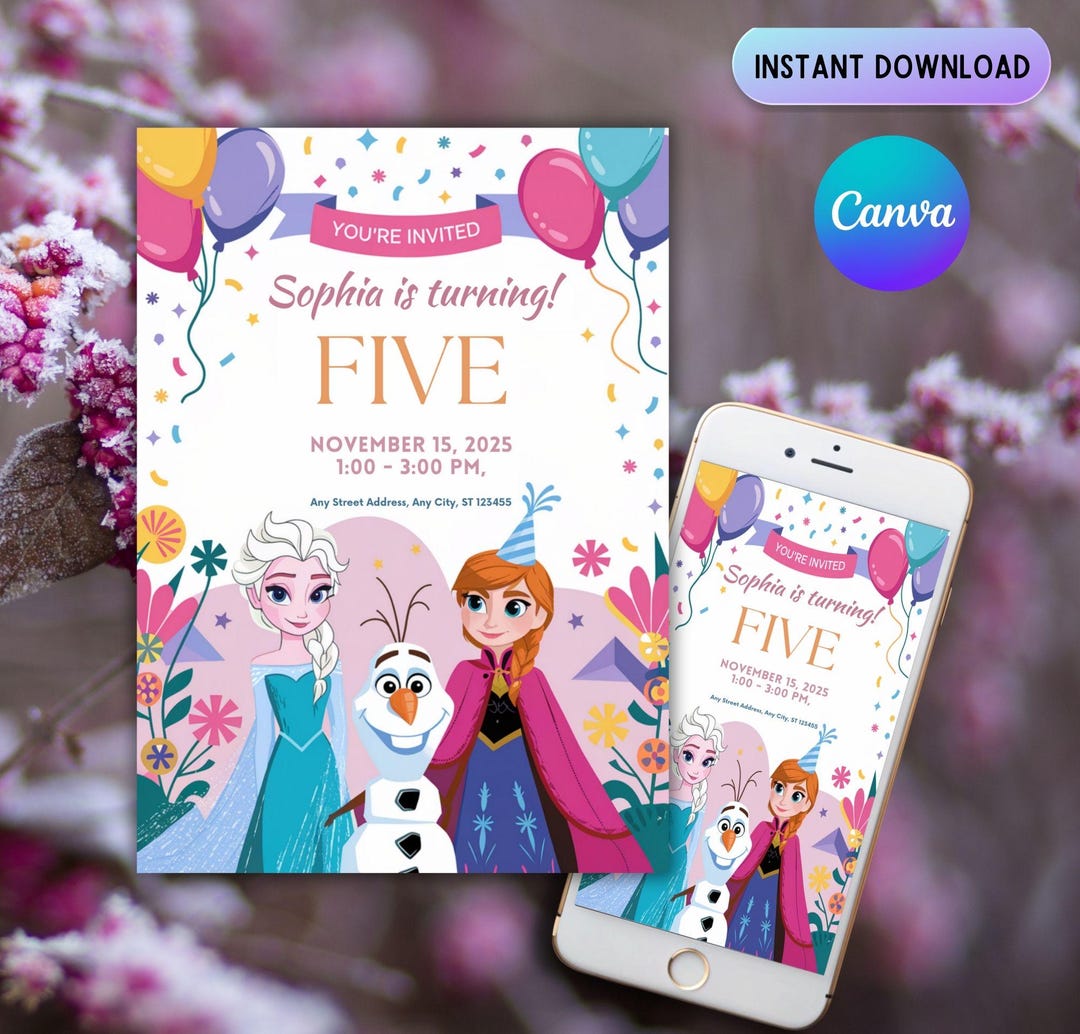 Frozen Birthday Invitation: Anna, Elsa, Olaf, Canva Template (digital ...