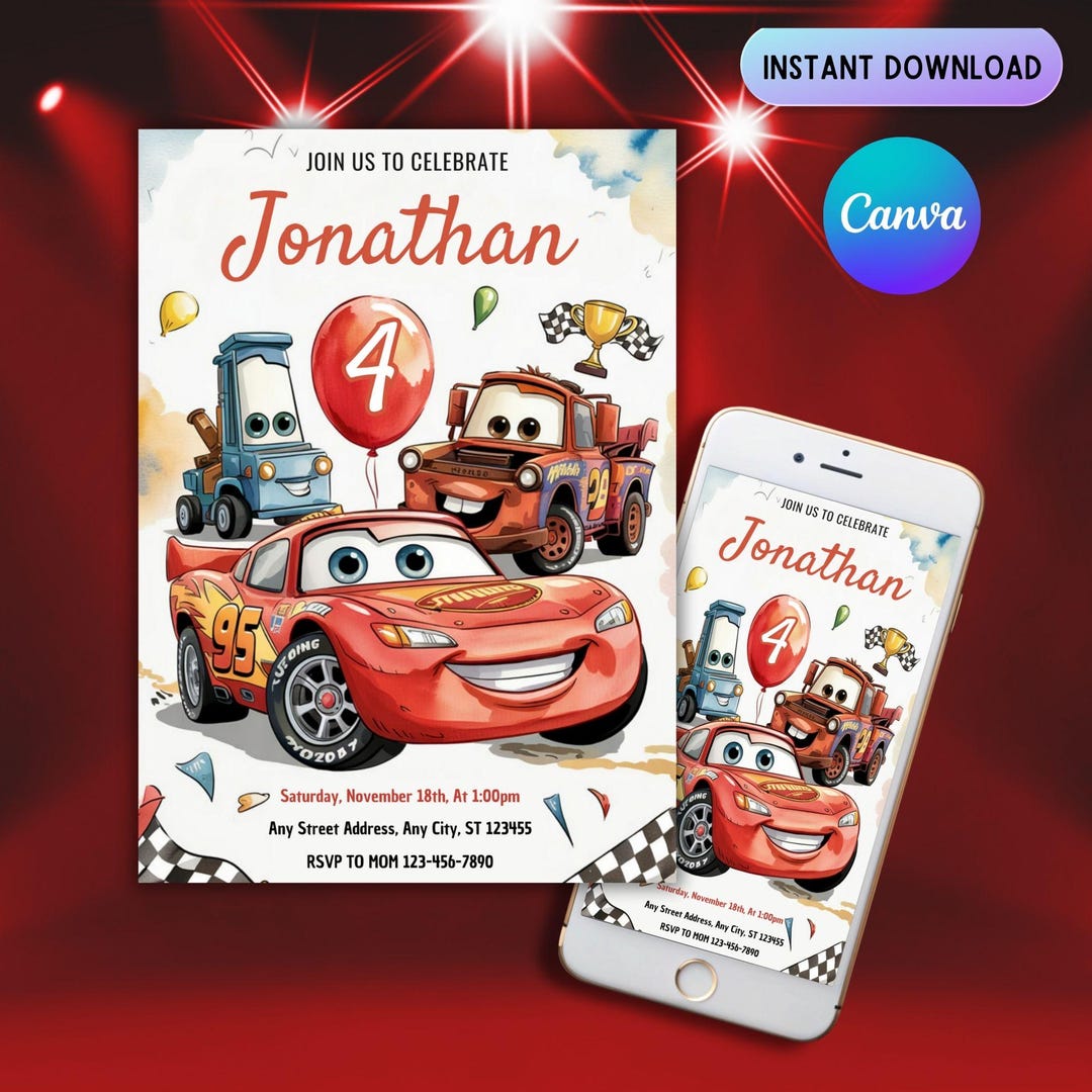 Cars Mcqueen Invitation, Lightning Mcqueen Birthday Invitation, Cars ...