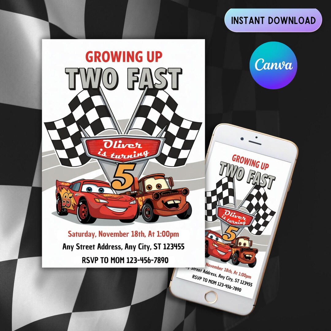 Lightning Mcqueen Birthday Invitation: Cars Party, Editable Canva ...
