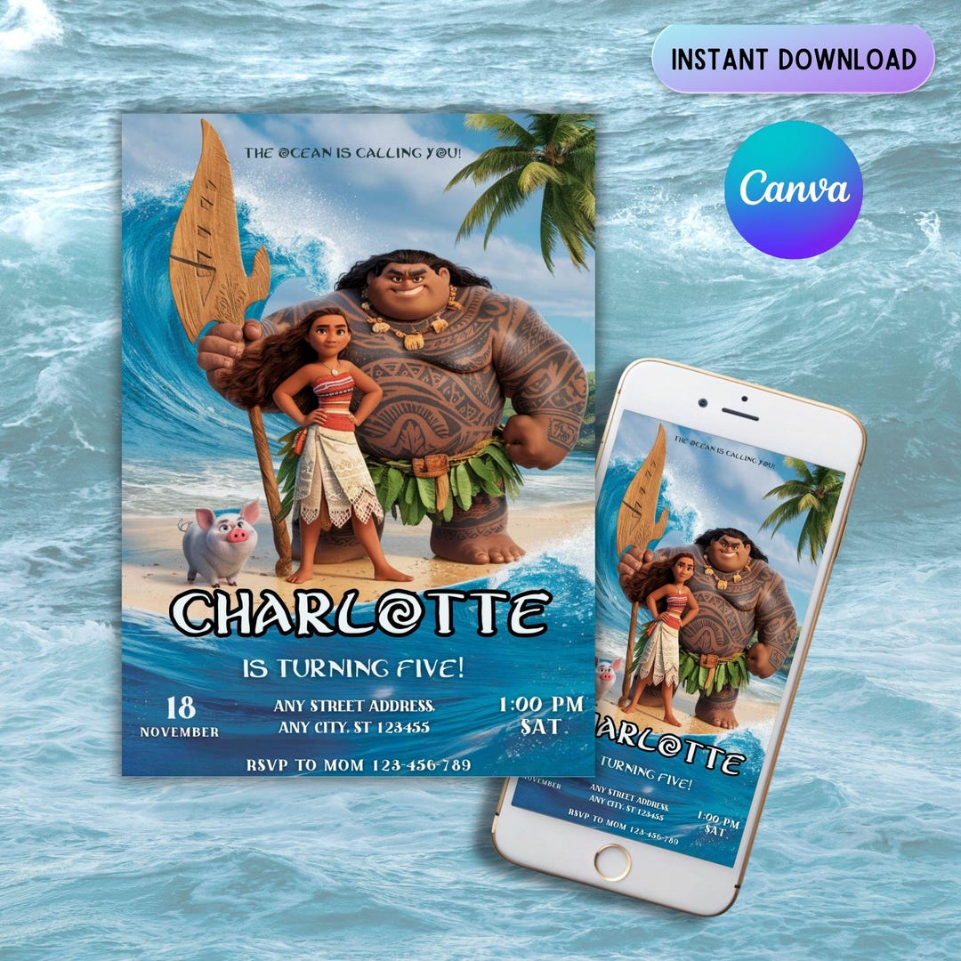 Editable Moana Birthday Invitation: Kids Party Template (digital ...